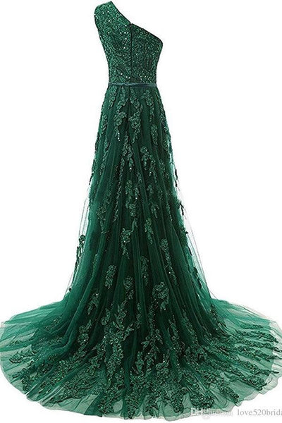 One-Shoulder Dark Green Tulle Prom Dress With Appliques Beading – Tirdress